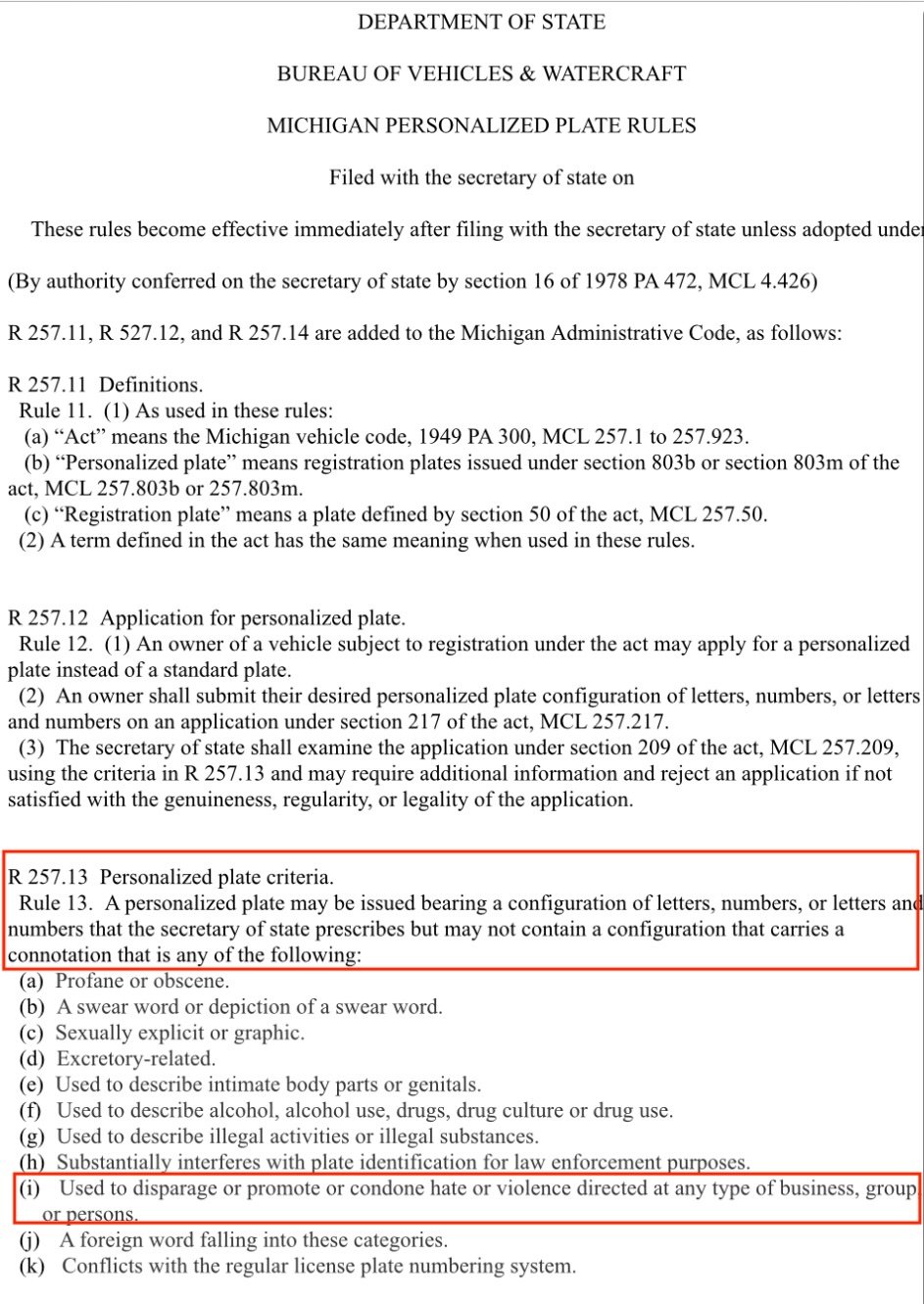 IT’S AGAINST MI SOS RULES To Issue A Personalized License Plate Calling ...
